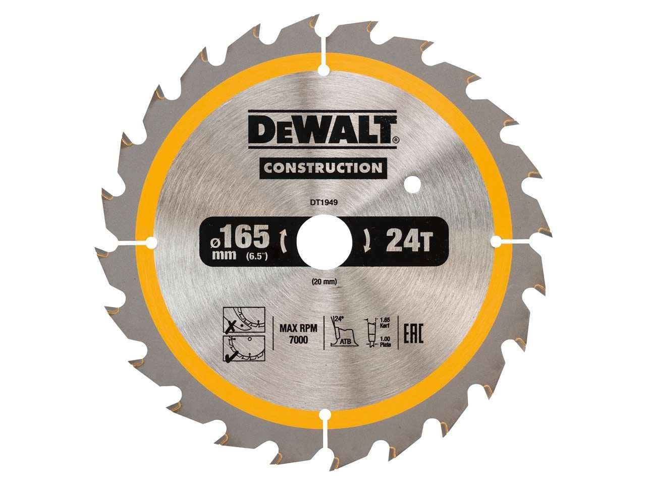 Pjovimo diskas medienai DeWalt; 165x1,86x20,0 mm; Z24; 20° - DT1949-QZ ...